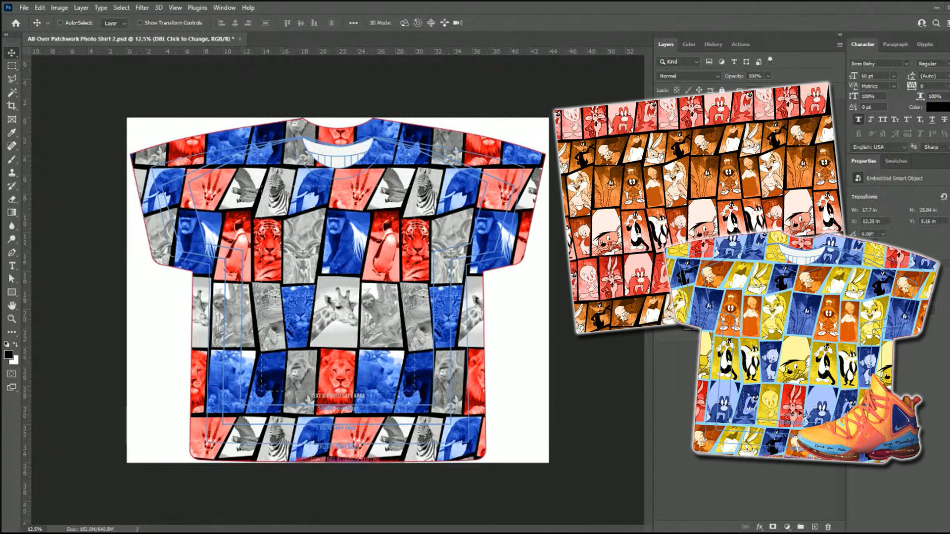 PSD-136: All-Over Collage Photo Shirt Smart Colors | Photoshop Template 136