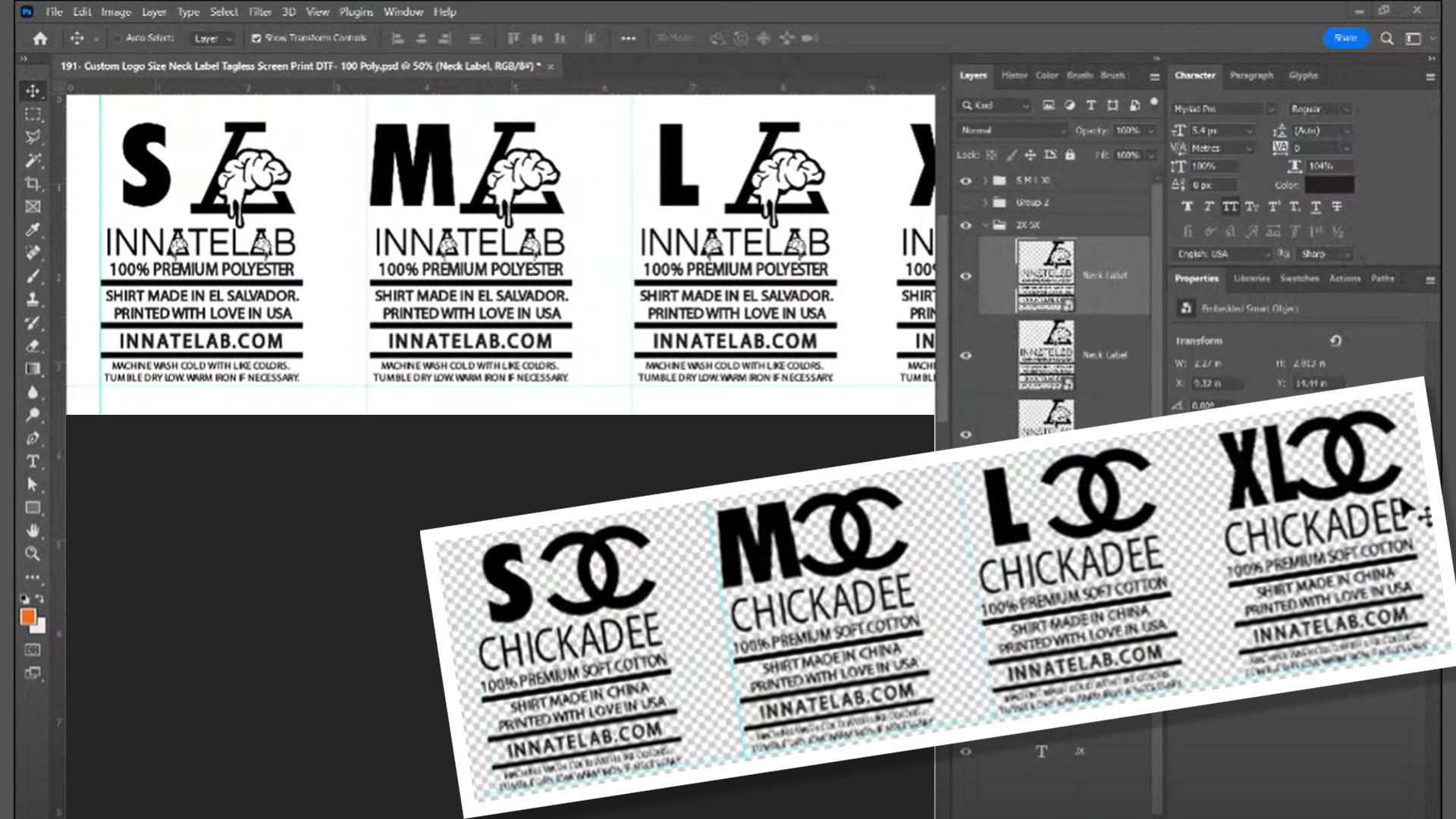 PSD-191: Custom Logo Size Neck Label Tagless Screen Print DTF- 100 ...