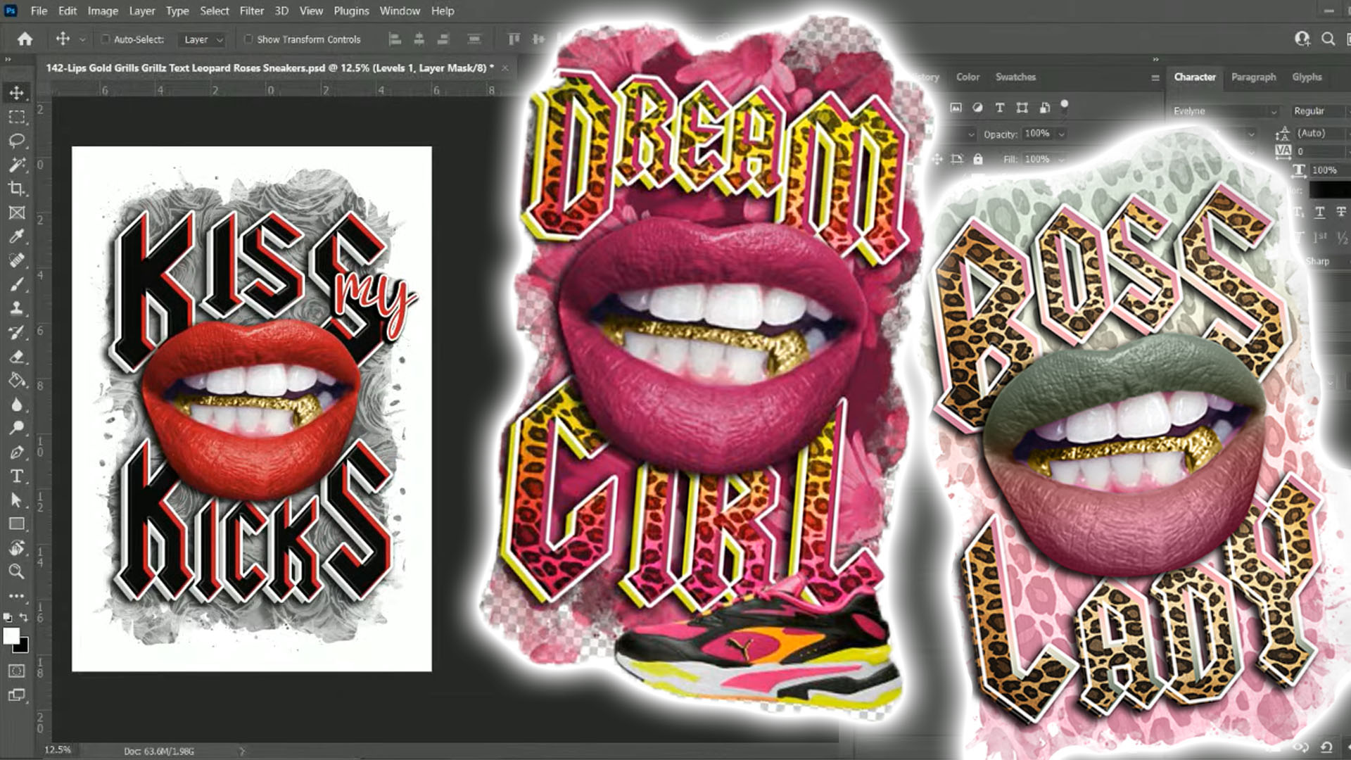 PSD-142: Lips Gold Grills Grillz Text Leopard Roses Sneakers ...